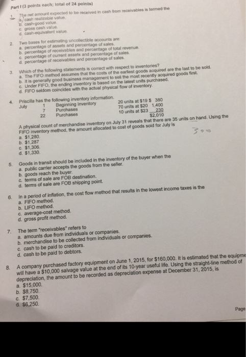 Solved Part I (3 points each; total of 24 points) net amount | Chegg.com