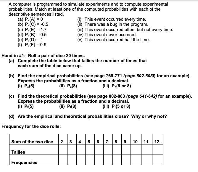 Solved A computer is programmed to simulate experiments and | Chegg.com