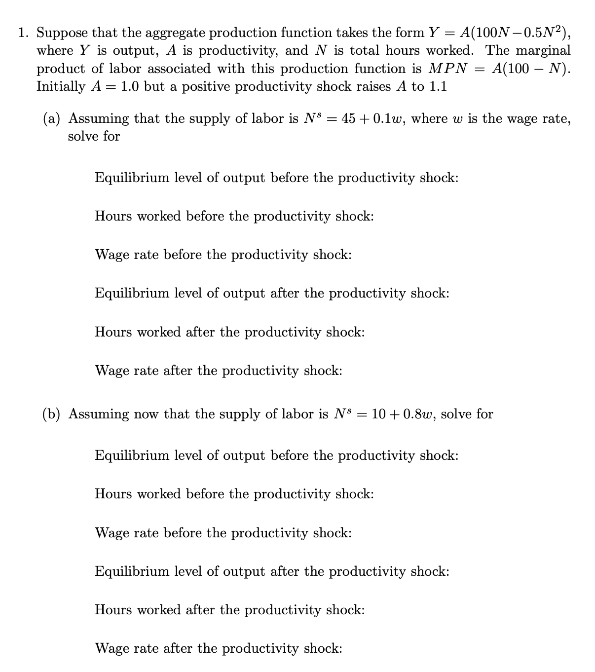 Solved Suppose that the aggregate production function takes | Chegg.com