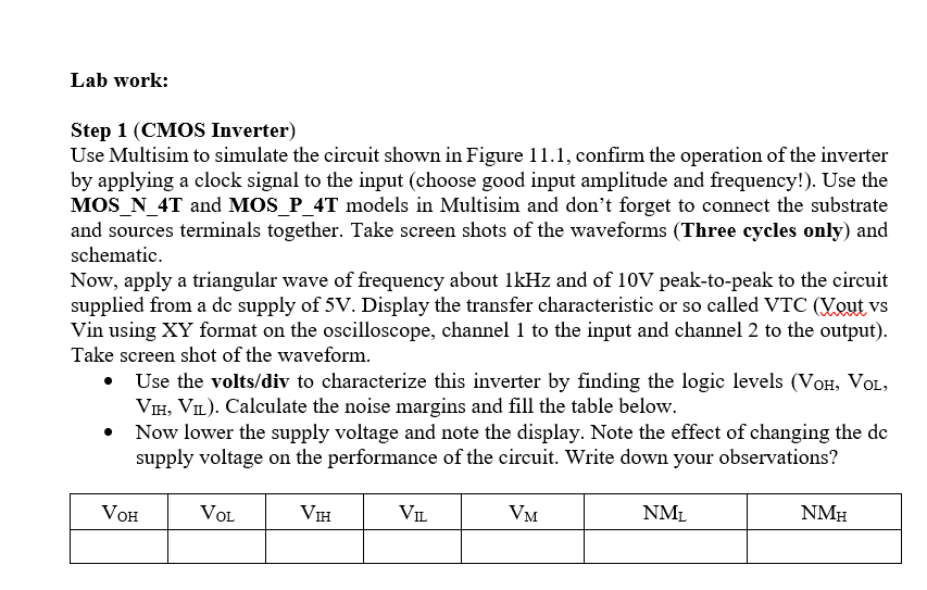 Lab work: Step 1 (CMOS Inverter) Use Multisim to | Chegg.com