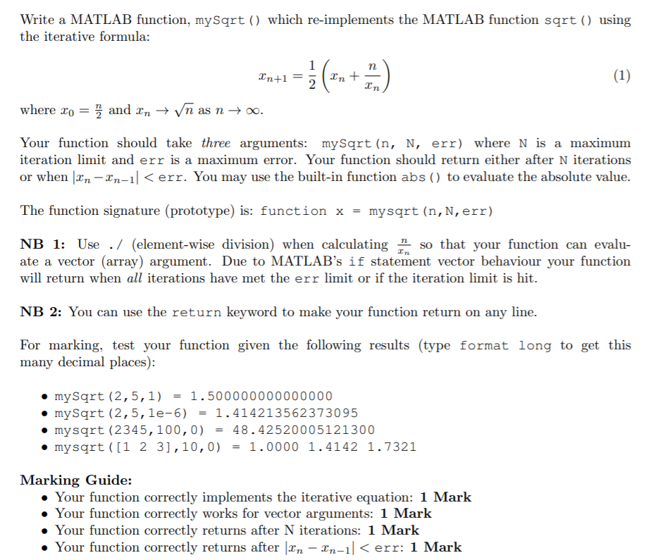 Solved Write a MATLAB function, mySqrt() which re-implements | Chegg.com