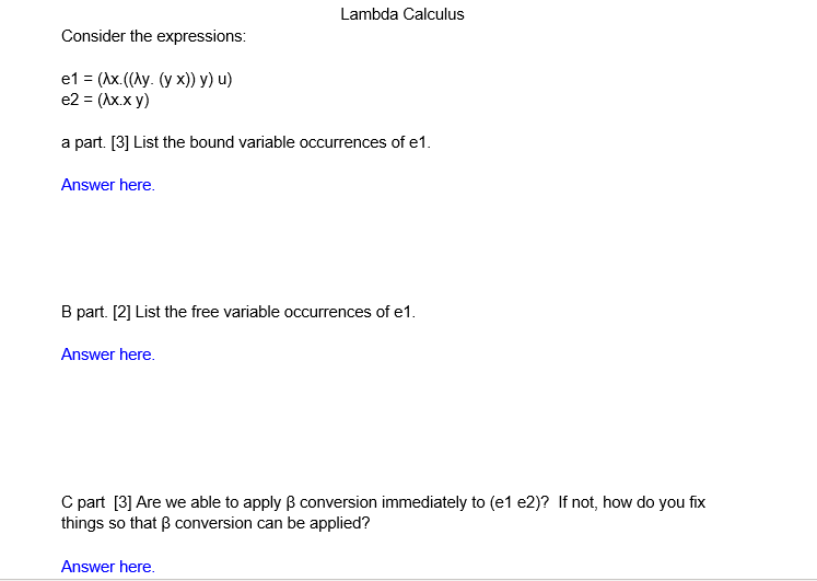 Solved Lambda Calculus Consider the expressions: e1 = | Chegg.com
