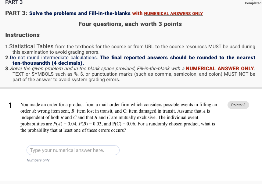 Solved PART 3 Completed PART 3: Solve the problems and | Chegg.com