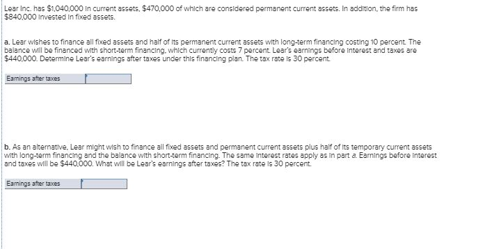 Solved Lear Inc. has $1.040,000 in current assets, $470,000 | Chegg.com