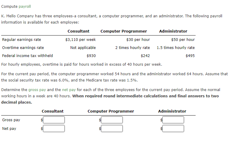 Solved K. Mello Company has three employees-a consultant, a | Chegg.com