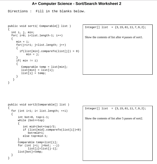 Solved A+ Computer Science Sort/Search Worksheet 2 | Chegg.com