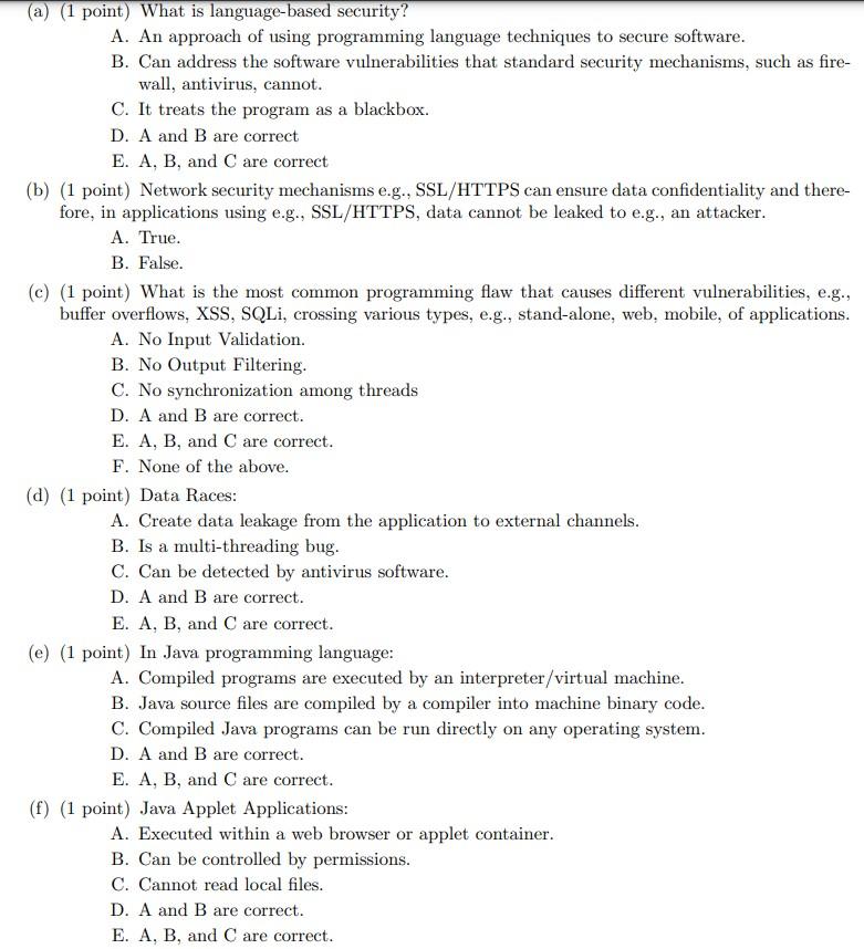 Solved (a) (1 point) What is language-based security? A. An | Chegg.com