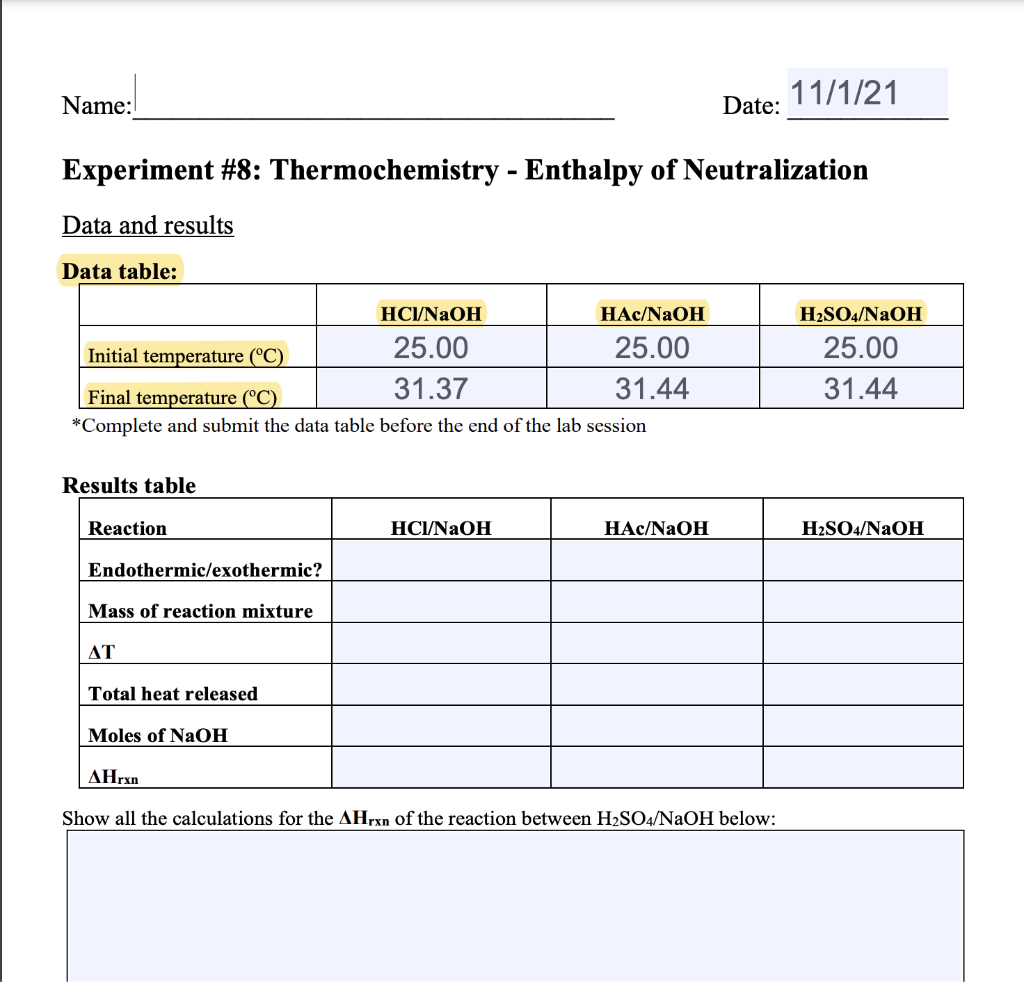 Solved 11/1/21 Name: Date: Experiment #8: Thermochemistry - | Chegg.com