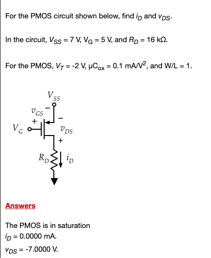 Solved For the PMOS circuit shown below, find in and VDS. In | Chegg.com
