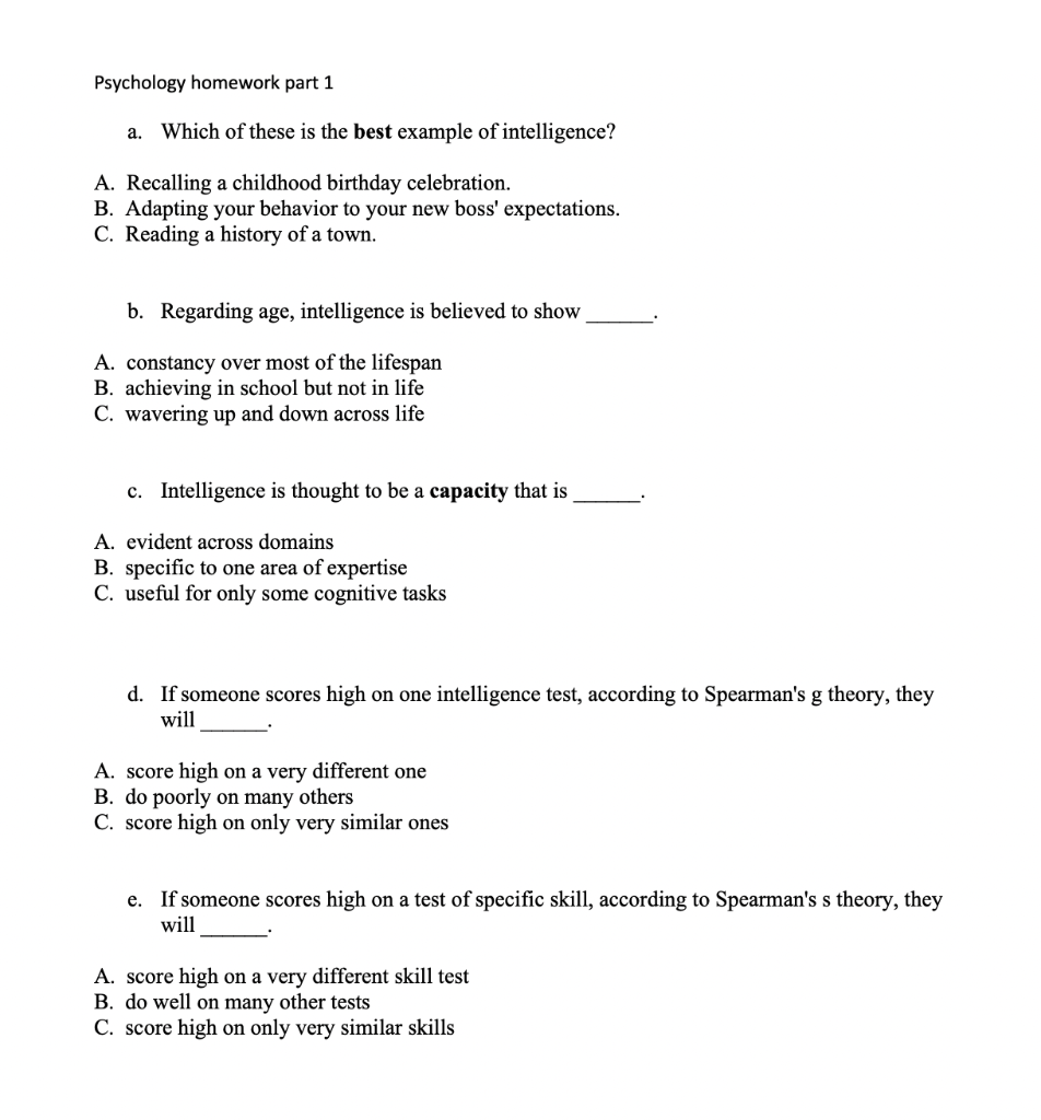 Solved Psychology homework part 1 a. Which of these is the | Chegg.com
