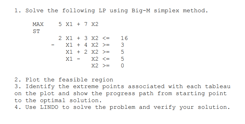 Solved 1. Solve the following LP using Big-M simplex method. | Chegg.com