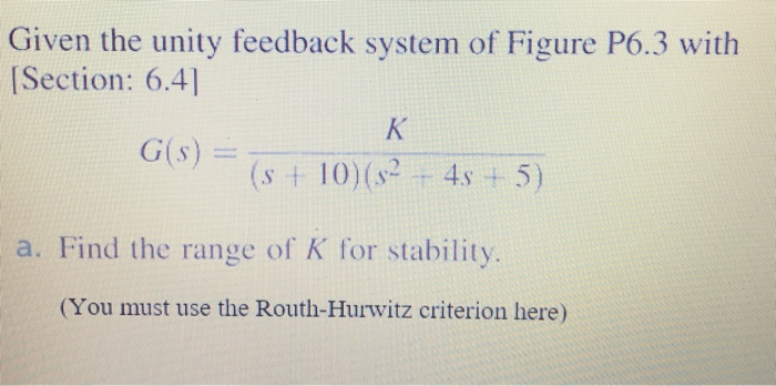 Solved Given the unity feedback system of Figure P6.3 with | Chegg.com