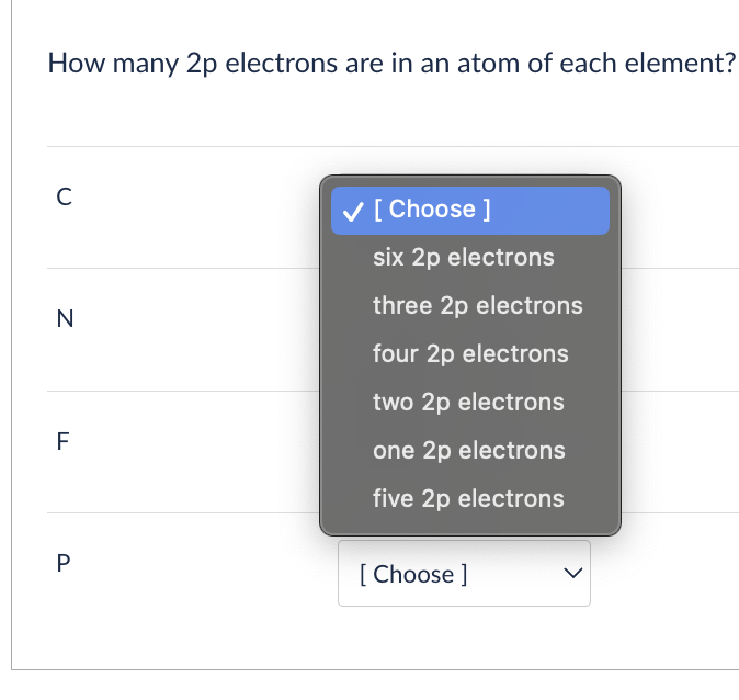 Solved How many 2 ﻿p electrons are in an atom of each | Chegg.com