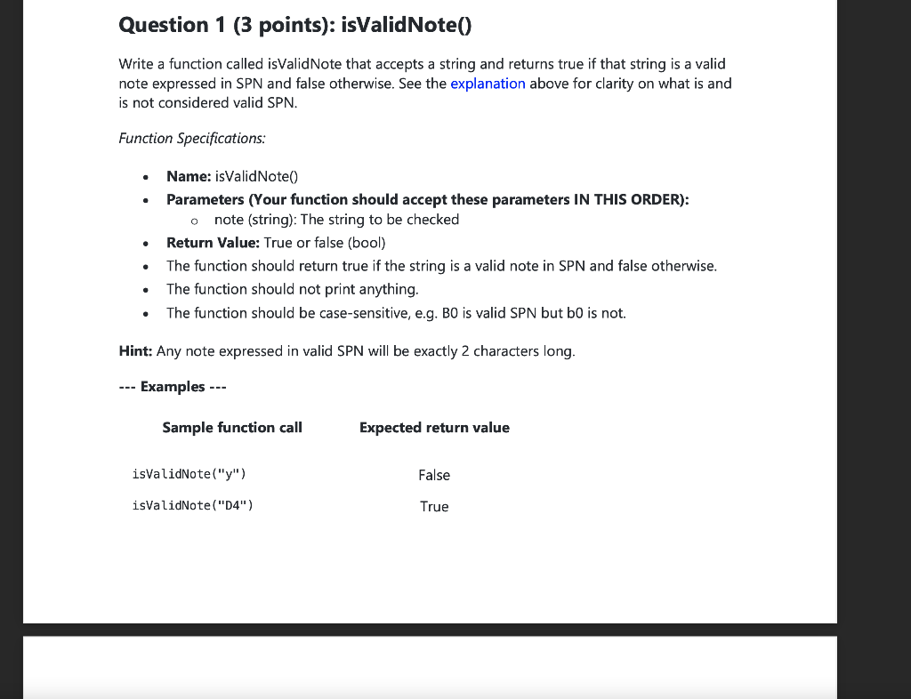 Solved Question 1 (3 points): isValidNote() Write a function | Chegg.com