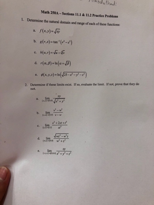 Solved Math 250A -Sections 11.1 &11.2 Practice Problems 1. | Chegg.com