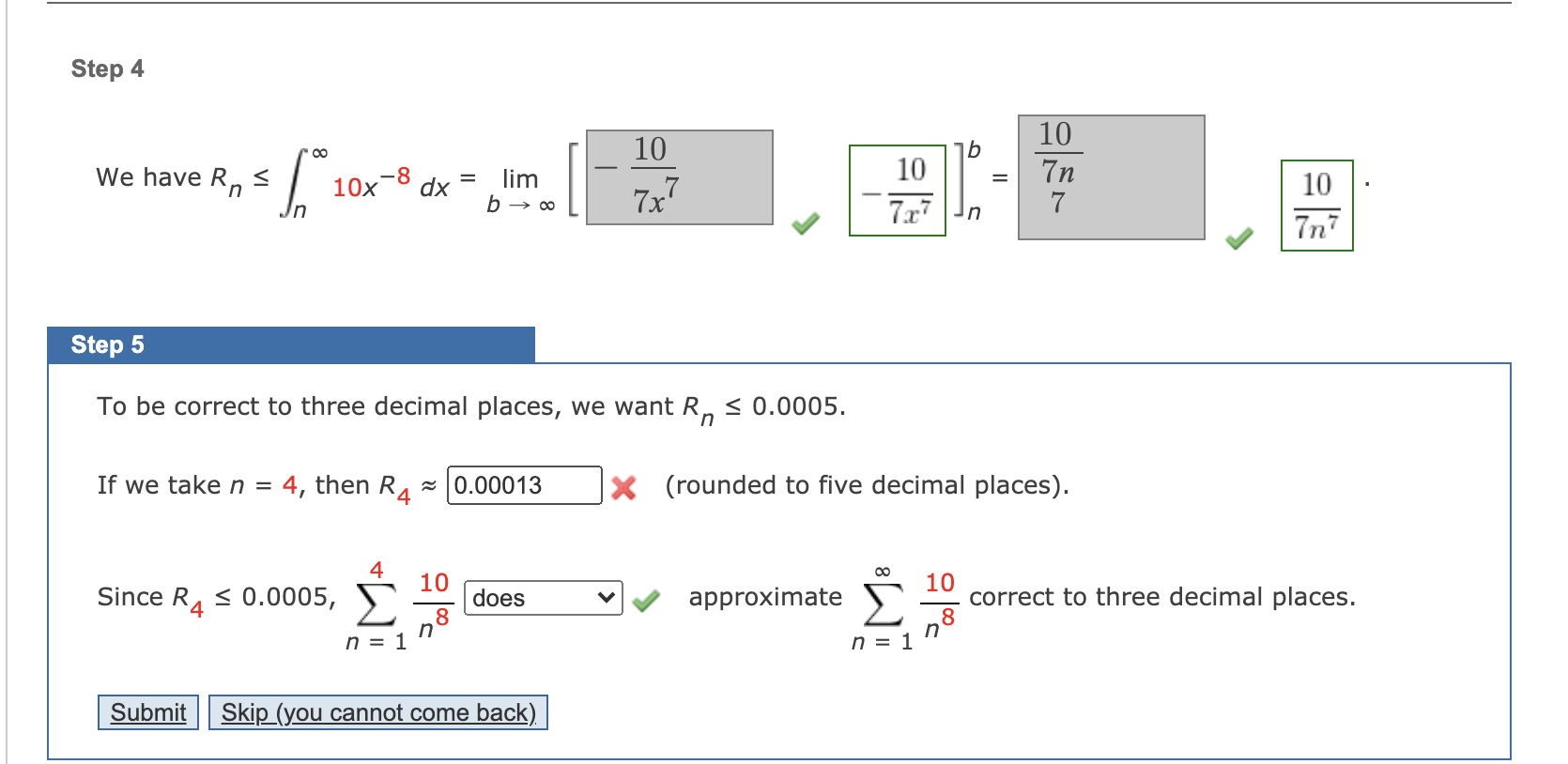 Solved Step 4 10 b We have Rn $* 00 -8 10x dx IA 10 10 7n 7 | Chegg.com