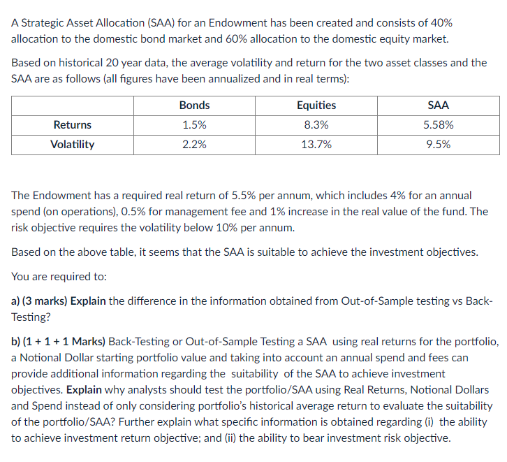 Solved A Strategic Asset Allocation (SAA) for an Endowment | Chegg.com