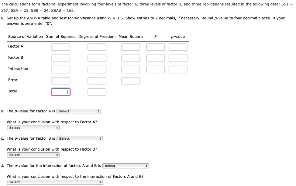 Solved The calculations for a factorial experiment involving | Chegg.com