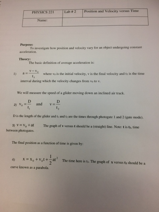 Solved PHYSICS 221 | Lab # 2 | Position and Velocity versus | Chegg.com