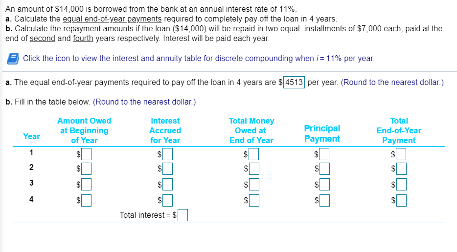 Solved An amount of $14,000 is borrowed from the bank at an | Chegg.com