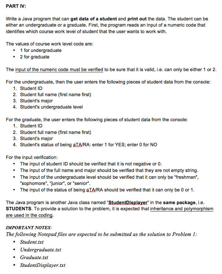 Solved PART I Create an abstract Java class named "Student" | Chegg.com