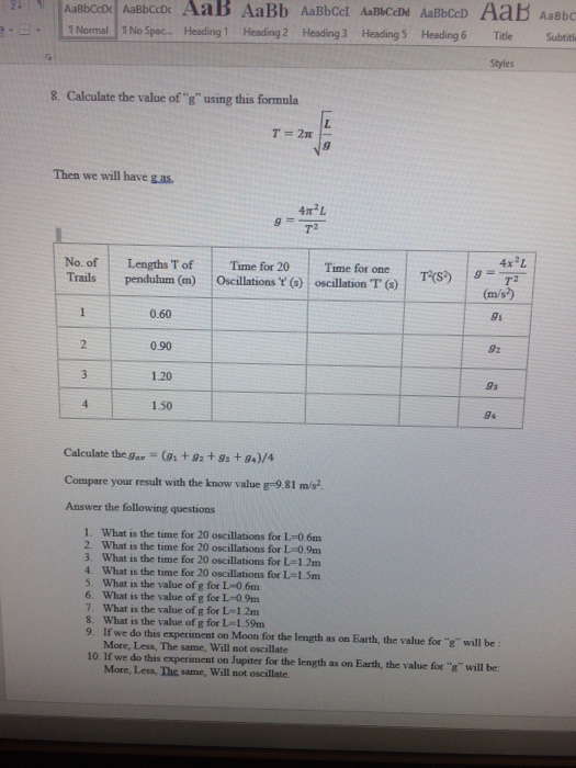 Solved Calculate the value of "g" using this formula T = 2 | Chegg.com
