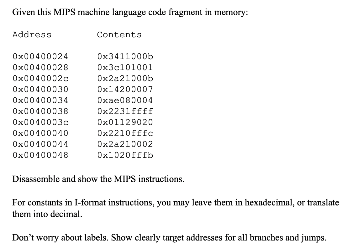 Solved Given this MIPS machine language code fragment in | Chegg.com