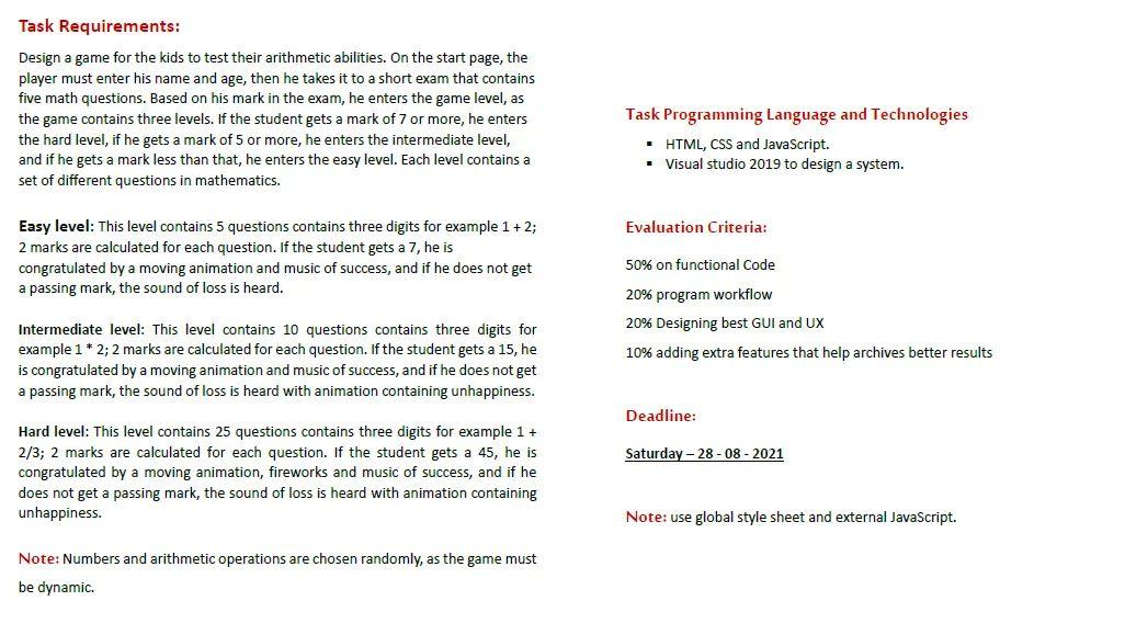 Solved Task Requirements: Design a game for the kids to test | Chegg.com