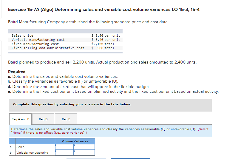 Solved Exercise 15-7A (Algo) Determining sales and variable | Chegg.com
