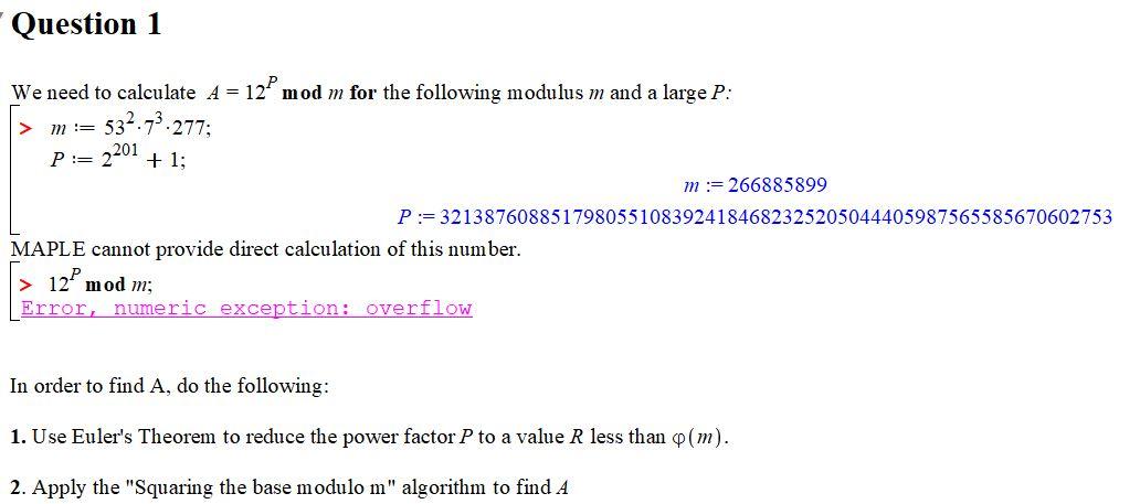 Solved Question 1 We need to calculate A = 12 mod m for the | Chegg.com