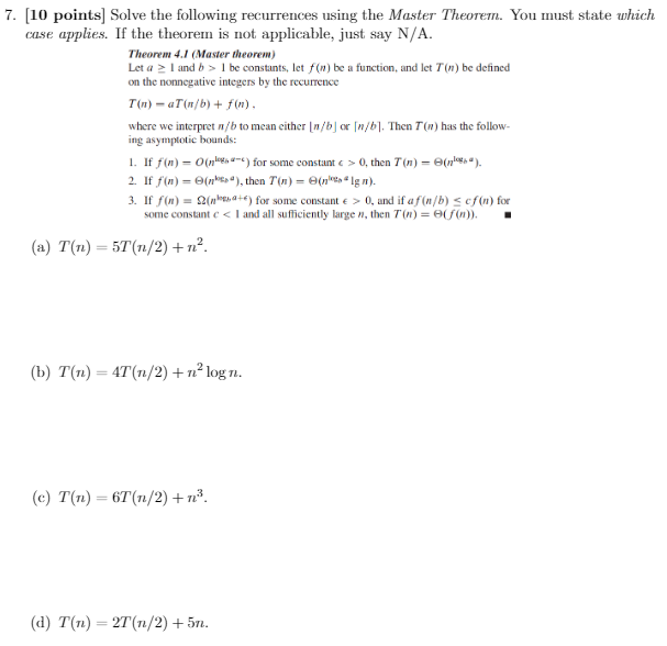 Solved Solve the following recurrences using the Master | Chegg.com