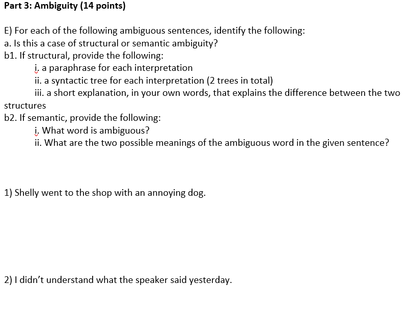 Part 3: Ambiguity (14 points) E) For each of the | Chegg.com