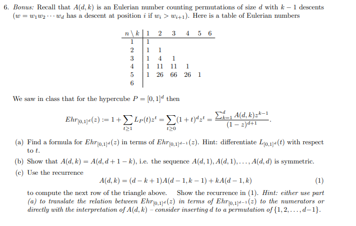 Solved Bonus: Recall that A(d,k) is an Eulerian number | Chegg.com