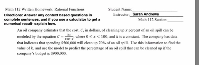 Solved Math 112 Written Homework: Rational Functions Student | Chegg.com