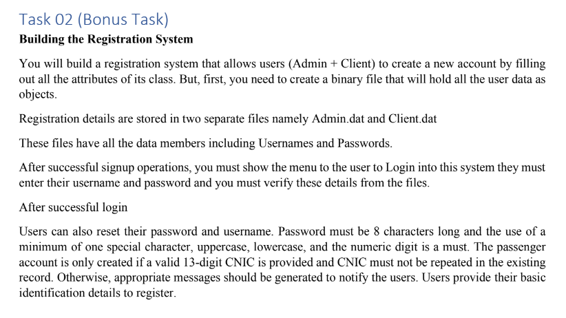 Solved Task 02 (Bonus Task) Building the Registration System | Chegg.com