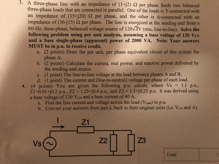 Solved 3. A three-phase line with an impedance of (1+j2) Ω | Chegg.com