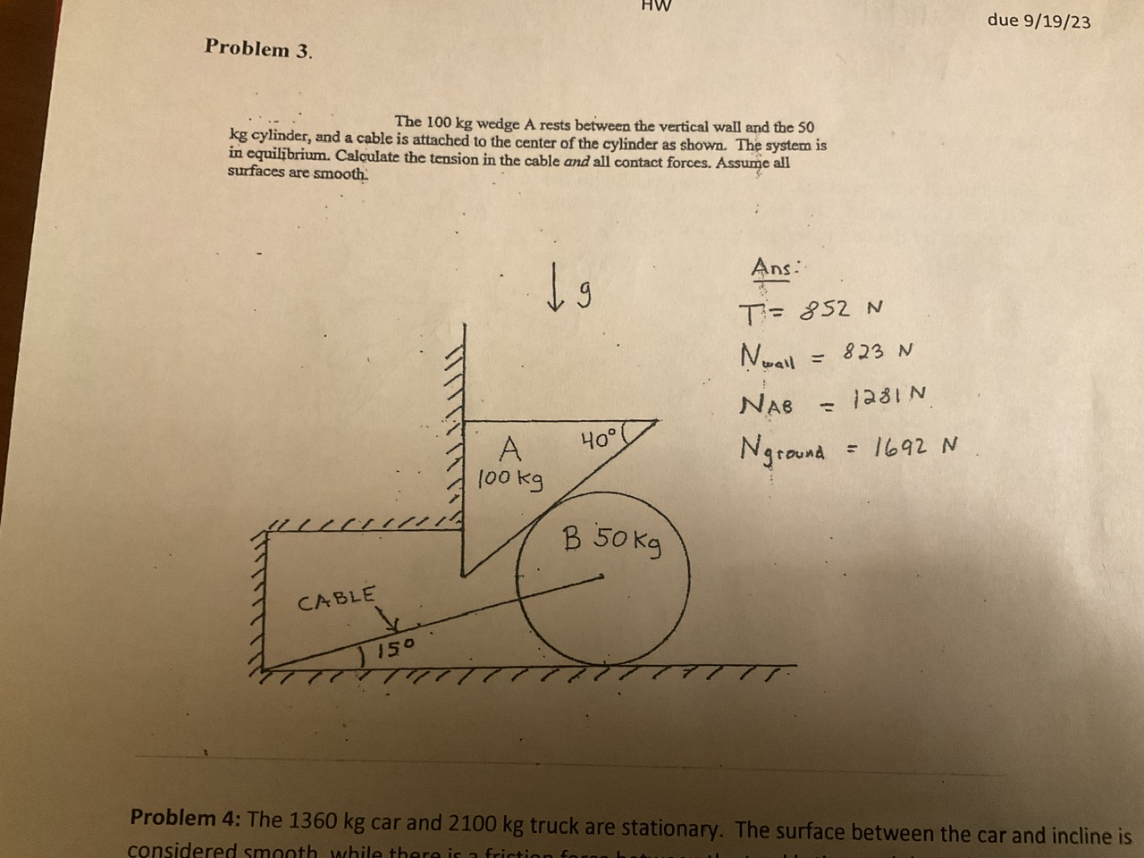 Solved Find the tension, normal force to wall, normal force | Chegg.com
