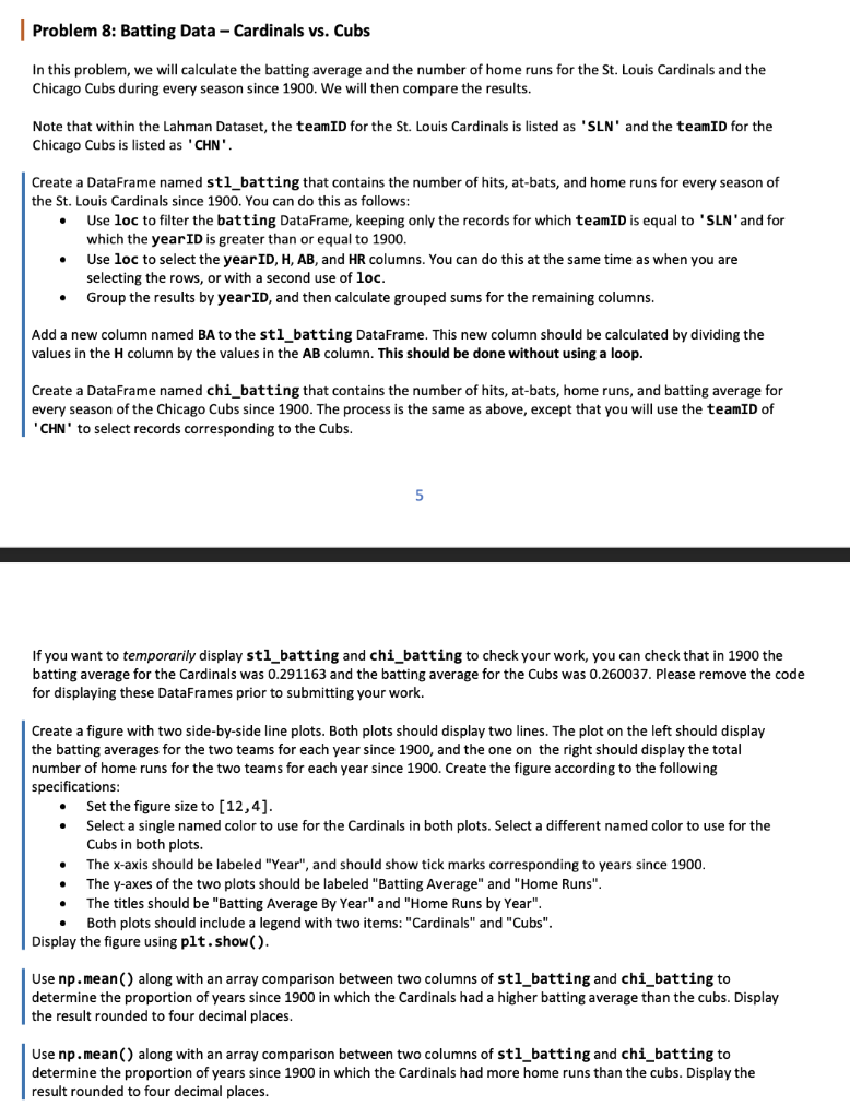Solved here's the first 5 rows of batting.csv : PLEASE DO | Chegg.com