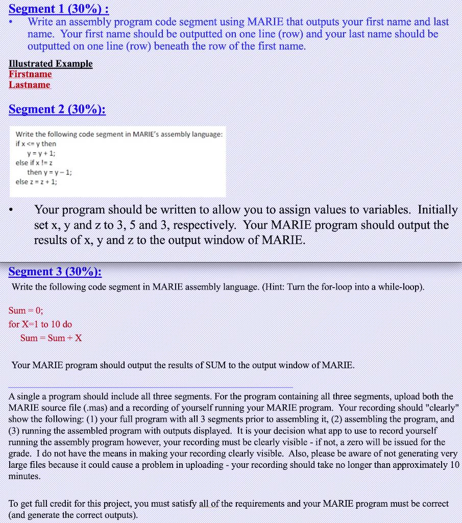 Solved Segment 1 (30%): Write an assembly program code | Chegg.com