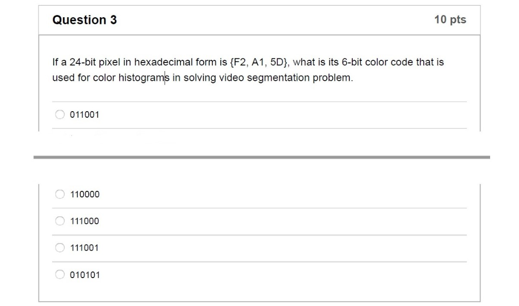 Solved Question 3 10 pts If a 24-bit pixel in hexadecimal | Chegg.com