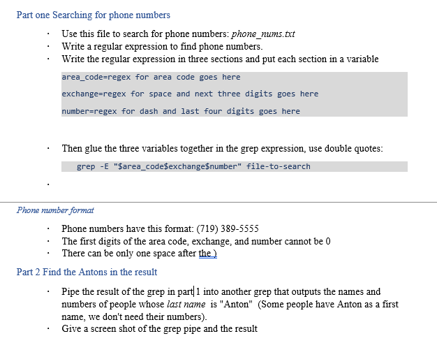 Solved Part one Searching for phone numbers - Use this file | Chegg.com