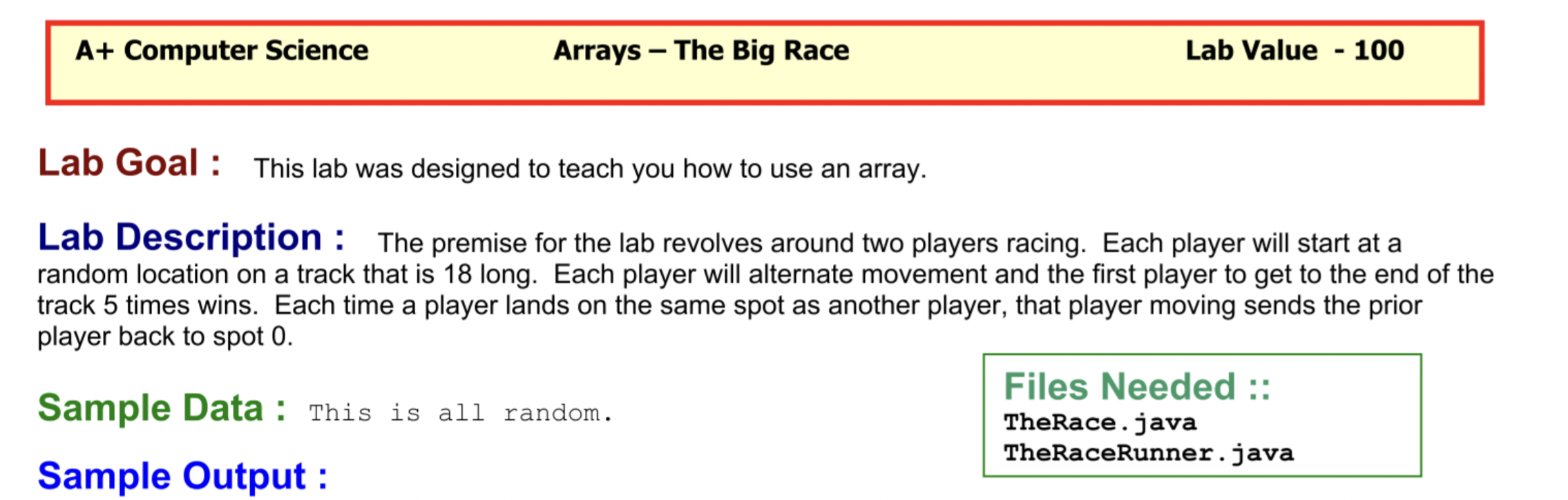 Solved A+ Computer Science Arrays - The Big Race Lab Value - | Chegg.com
