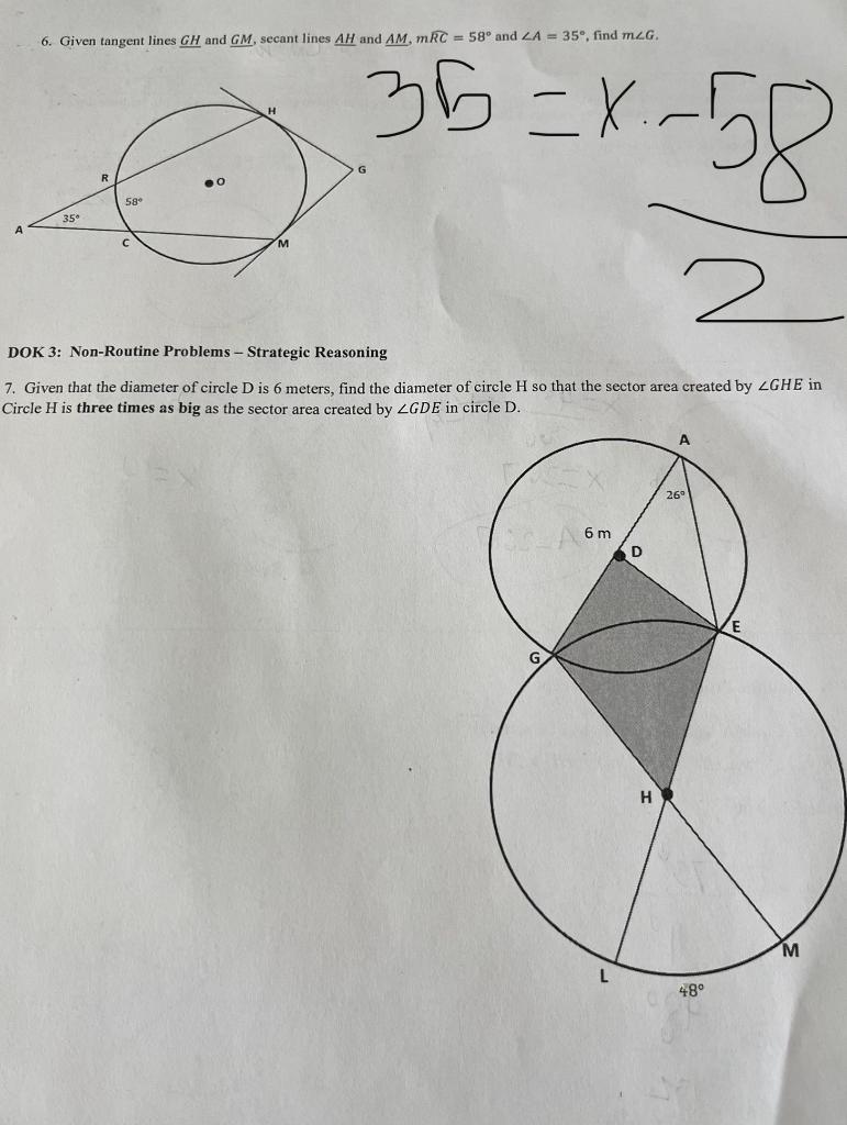 Solved 6. Given tangent lines GH and GM, secant lines AH and | Chegg.com