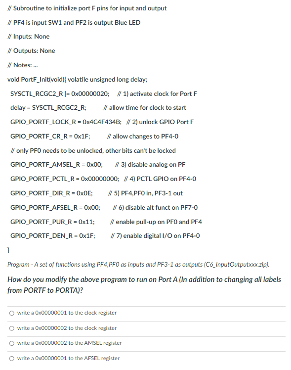 Solved Program - A set of functions using PF4,PF0 as inputs | Chegg.com