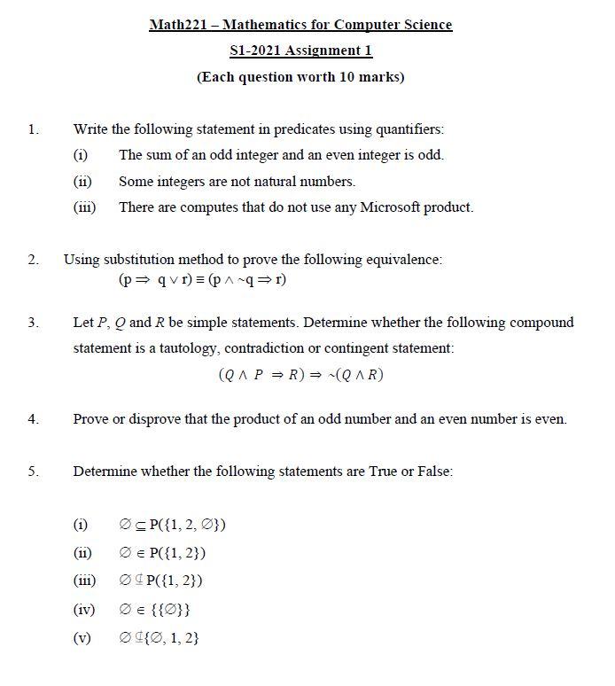 Solved Math221 - Mathematics for Computer Science S1-2021 | Chegg.com