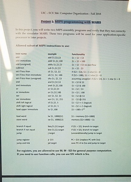 Solved UIC-ECE 366 Computer Organization- Fall 2018 Project | Chegg.com