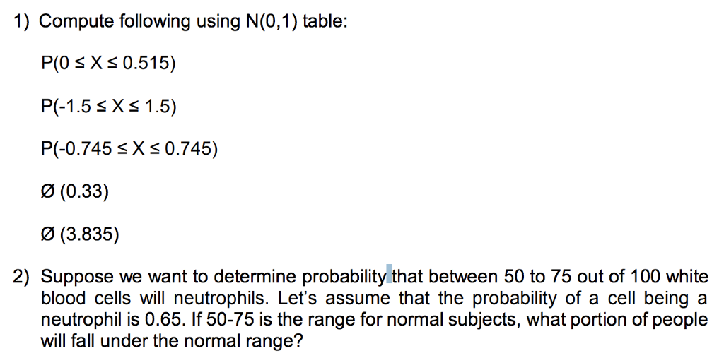 Solved 1) Compute following using N(0,1) table: P(O s X s | Chegg.com