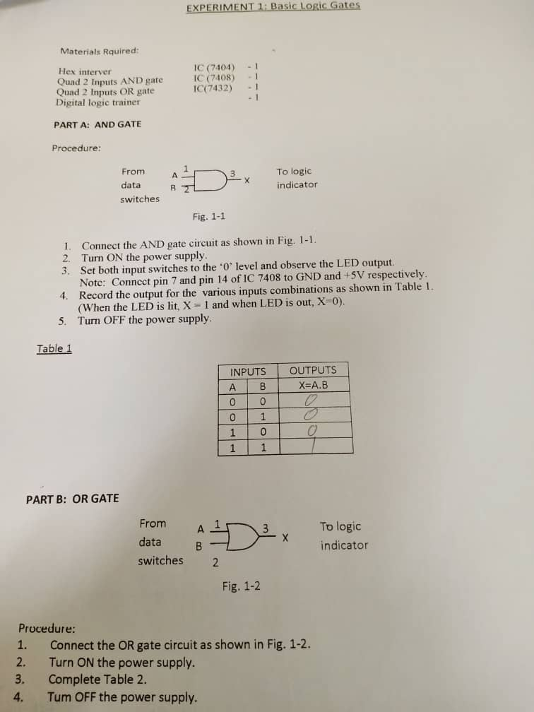 Solved EXPERIMENT 1: Basic Logic Gates Materials Rquired: | Chegg.com