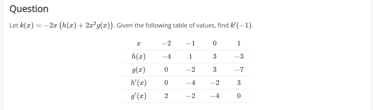 Solved what is the answerQuestionLet k(x)=-2x(h(x)+2x2g(x)). | Chegg.com