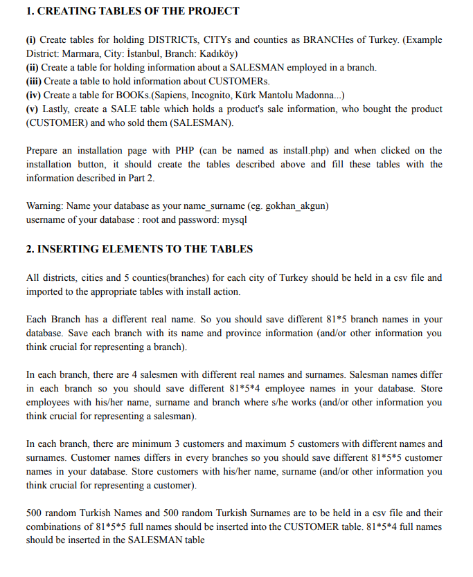 Solved 1. CREATING TABLES OF THE PROJECT (i) Create tables | Chegg.com